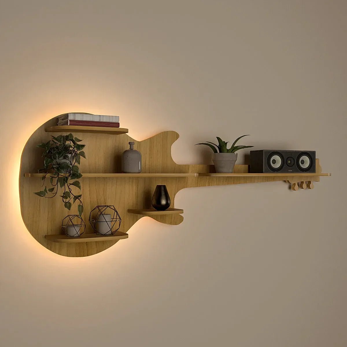 Guitar Backlit Wood Wall Shelf / Book Shelf / Night Light, Light Oak F ...